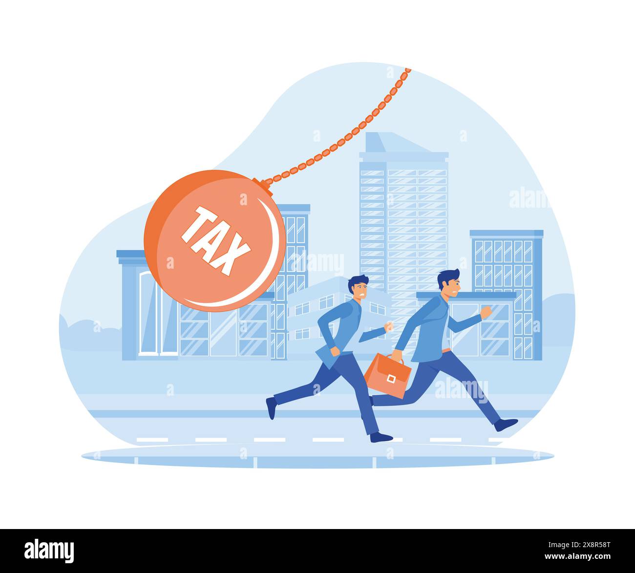Businessman running away from huge pendulum with message tax, financial ...