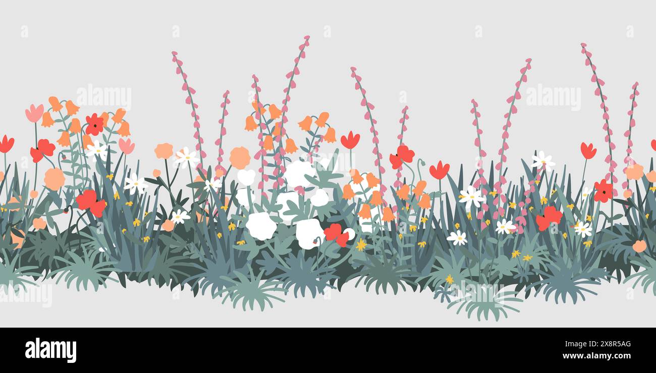 Seamless spring floral border with colorful wildflowers, poppies ...