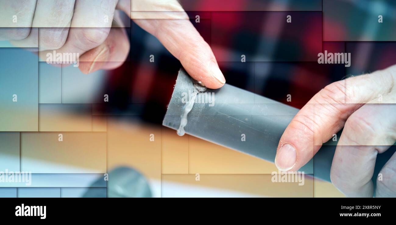 Plumber putting glue on a pvc pipe, geometric pattern Stock Photo - Alamy