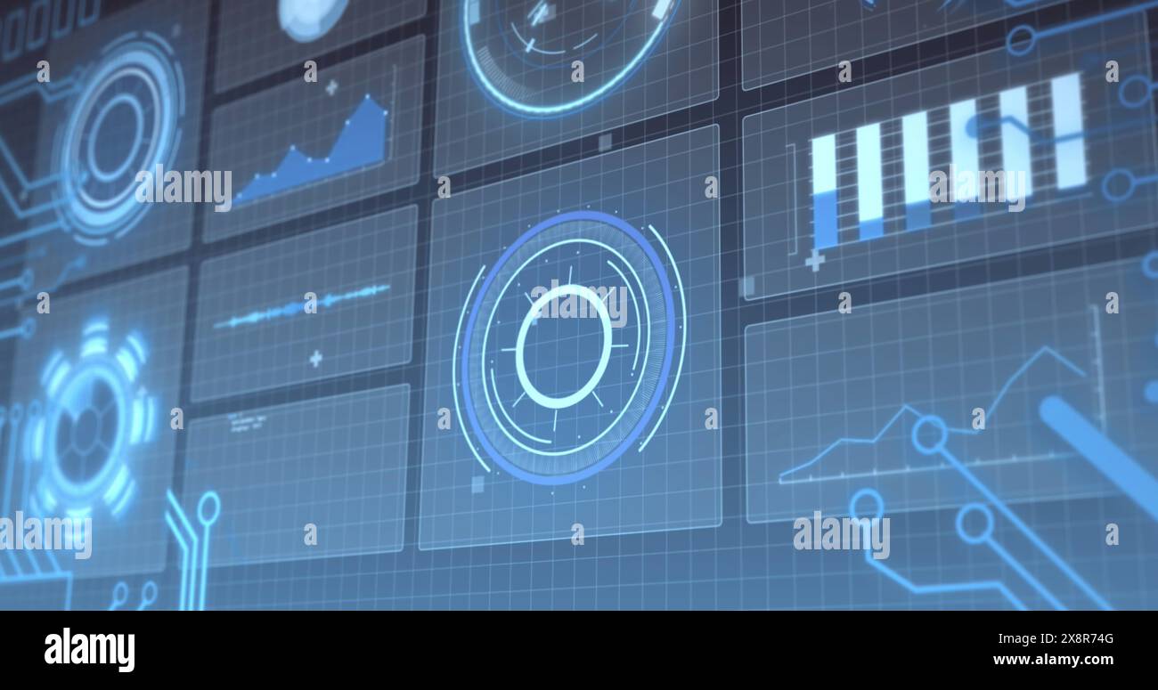 Image of hud screens with multiple graphs over grid pattern Stock Photo - Alamy