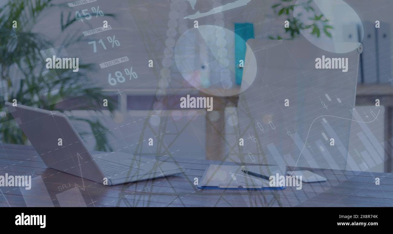 Image of statistical data processing over equipments on office desk against network towers Stock ...