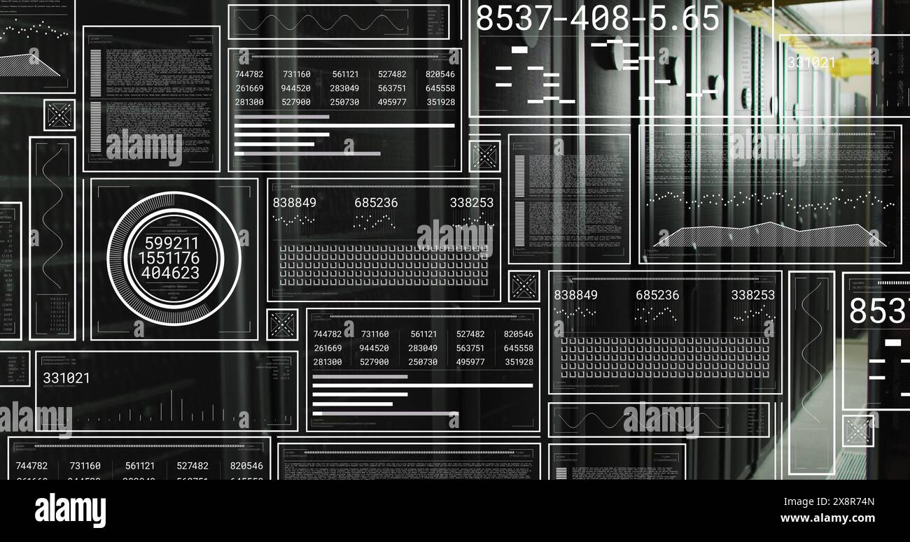 Image of hud screens with numbers, graphs and shapes over data server ...