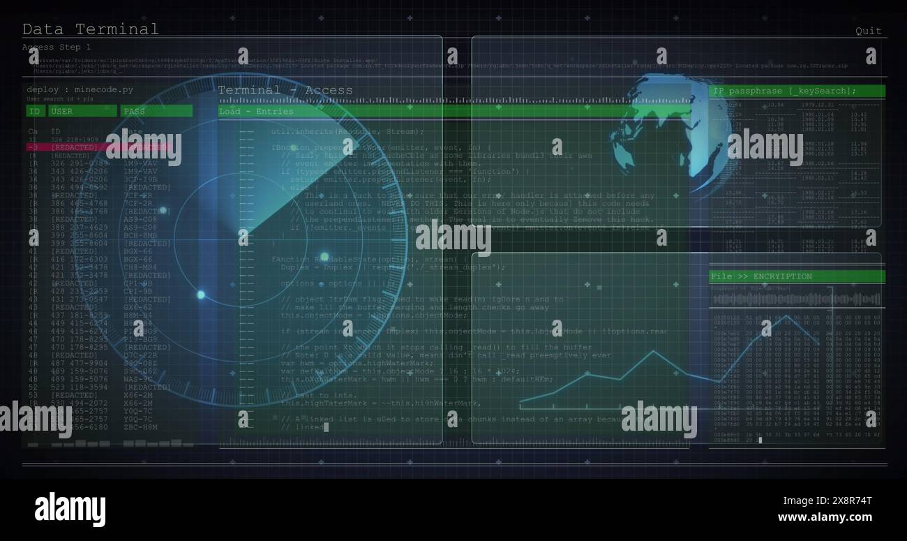 Image of hud interface screens with graph, radar, globe and programming languages. Hologram ...