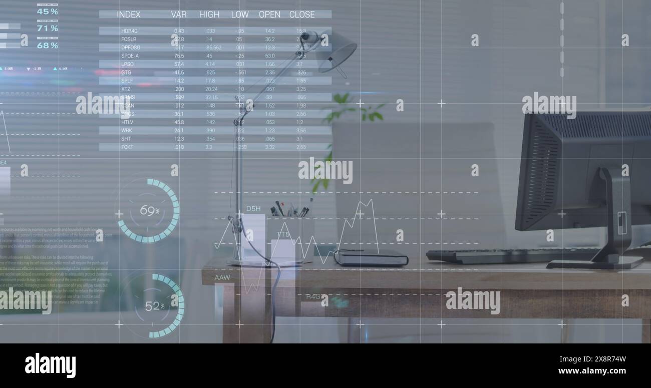 Image of statistical data processing against equipments on office desk Stock Photo - Alamy