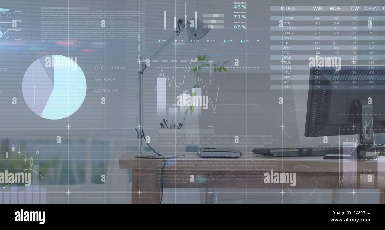 Image of statistical data processing against equipments on office desk Stock Photo - Alamy