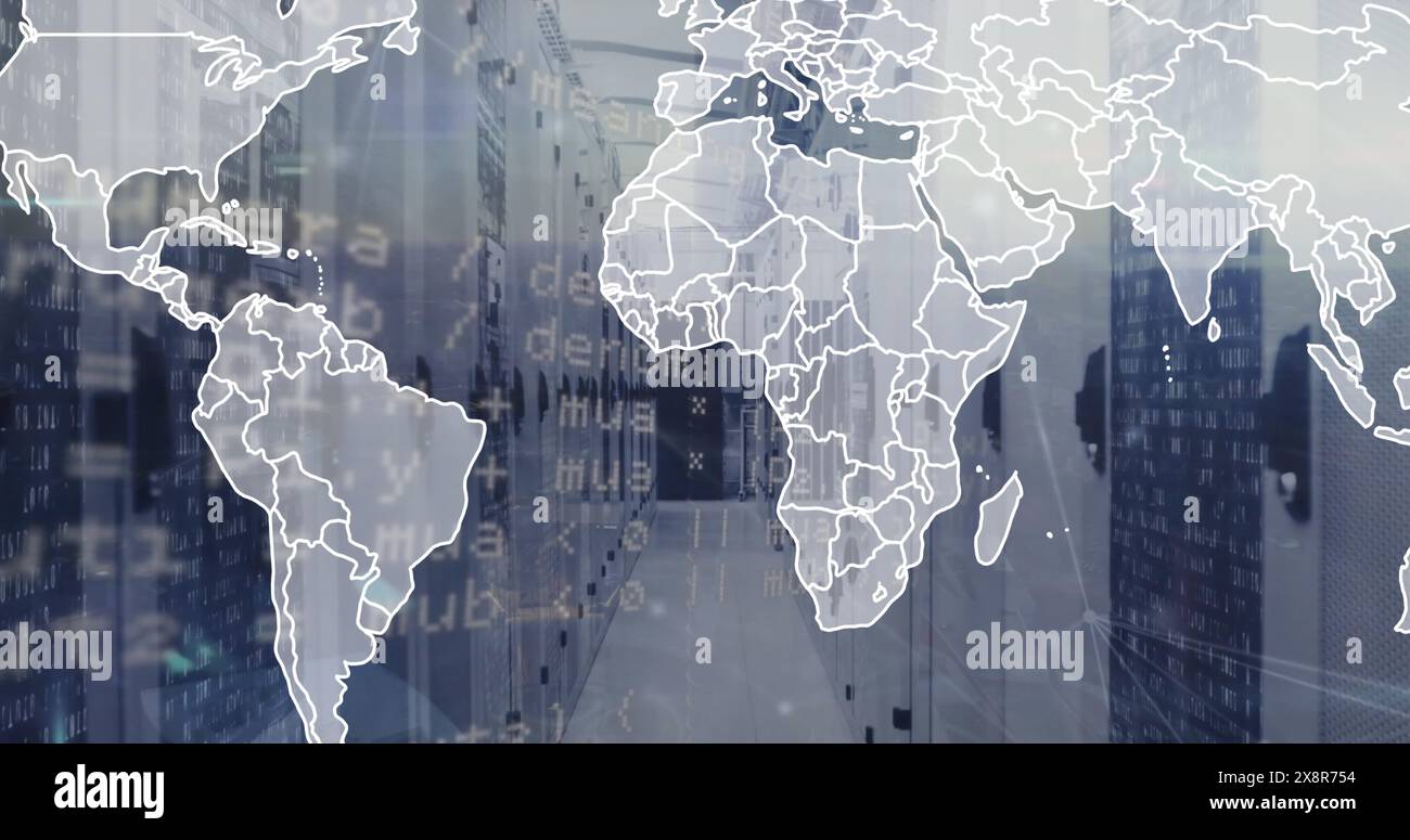 Image Of Map And Computer Language Over Binary Codes On Server Racks In