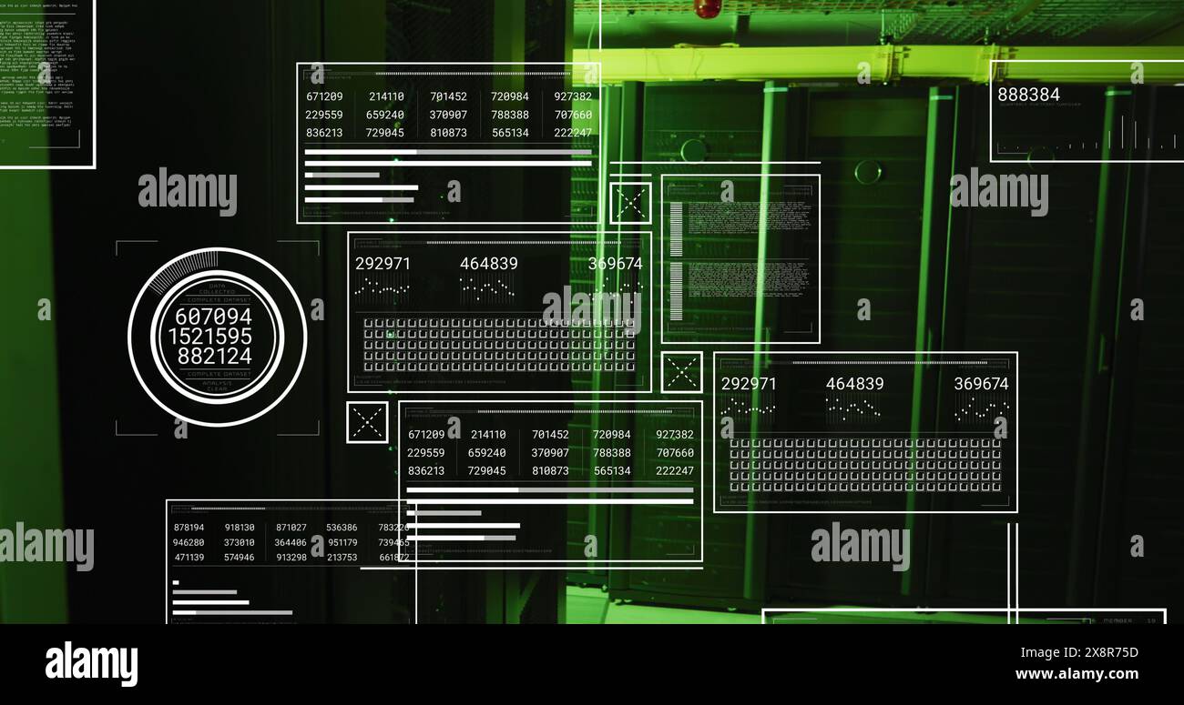 Image of hud screens with numbers, graphs and shapes over data server ...