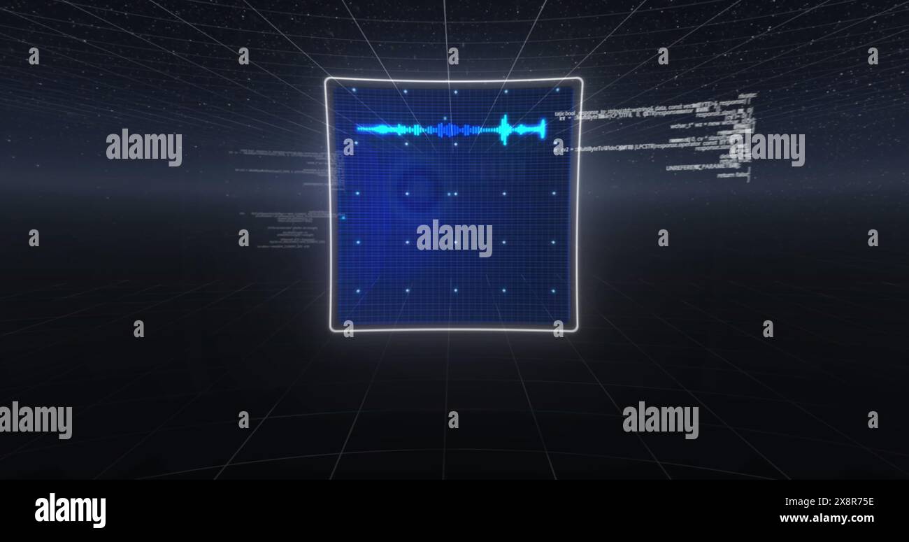 Image of hud interface screens with graphs and computer language moving on abstract background ...
