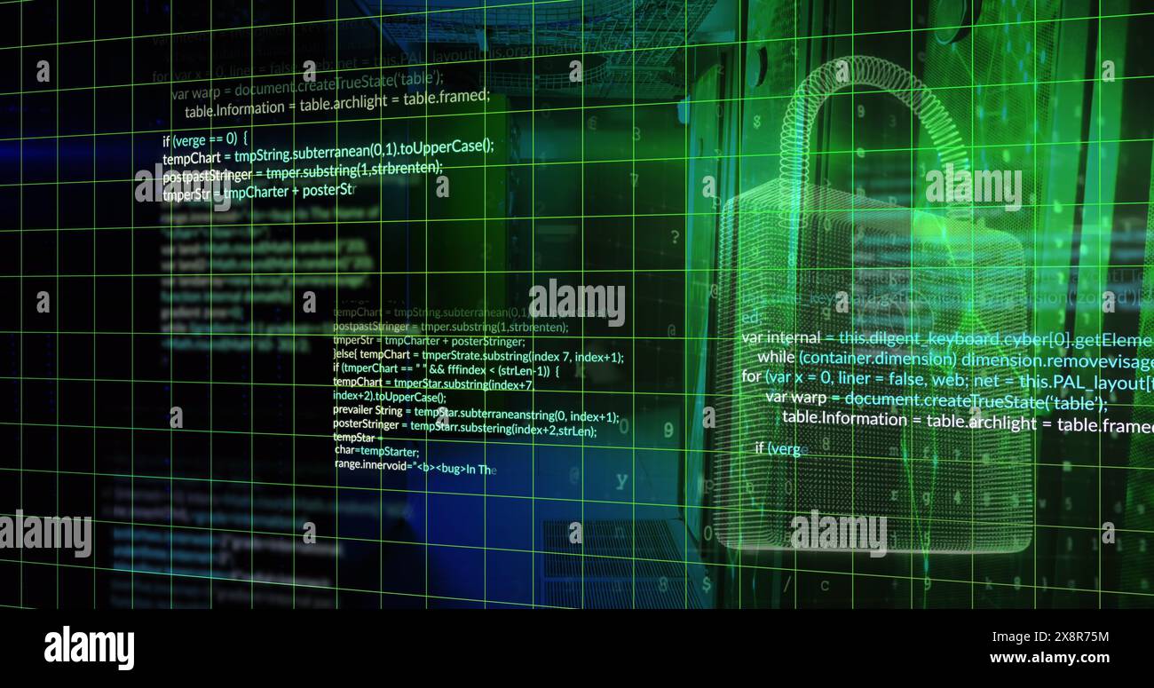 Image of padlock, computer language, letters, numbers and padlock over ...