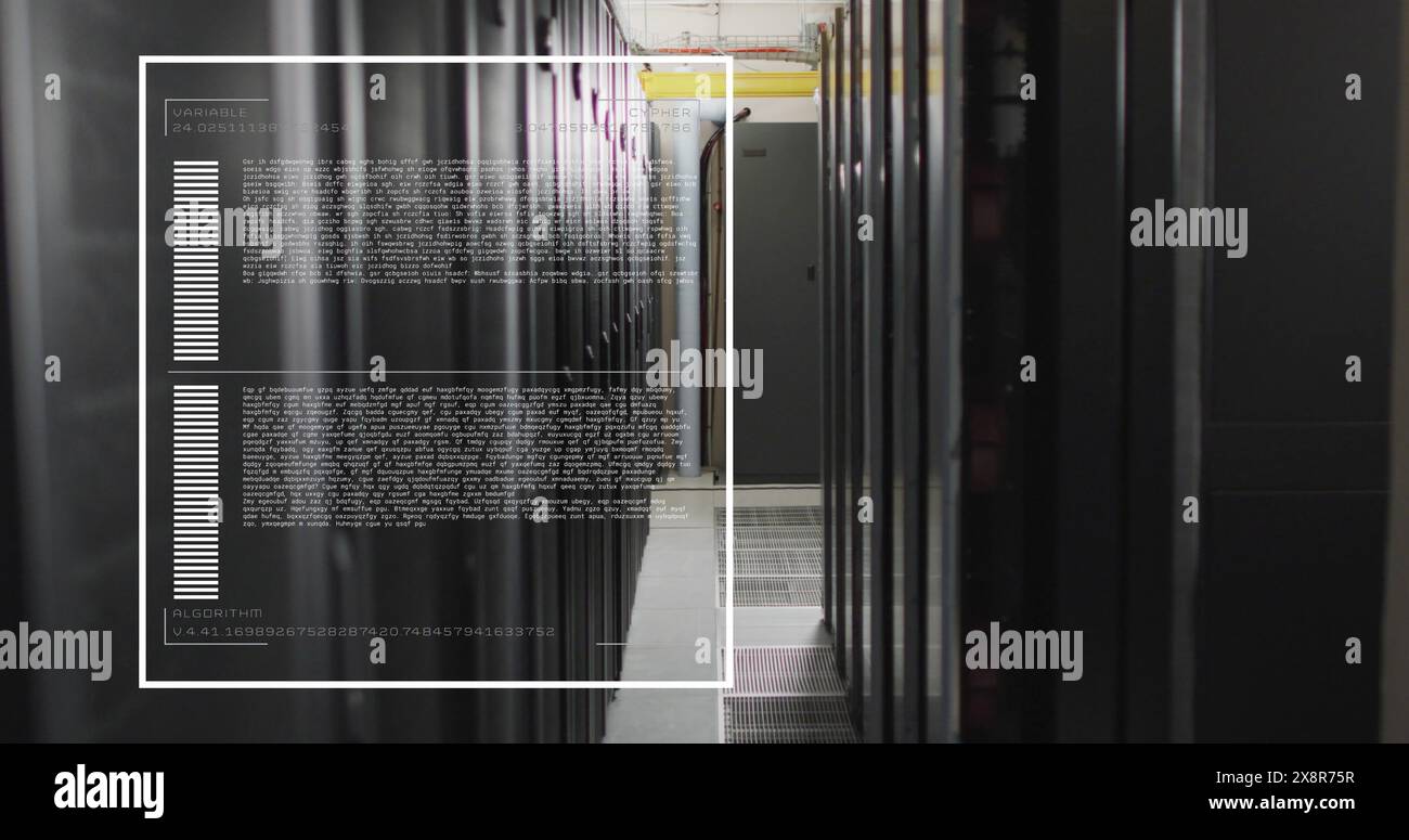 Image of screens with programming language moving over data server racks Stock Photo - Alamy