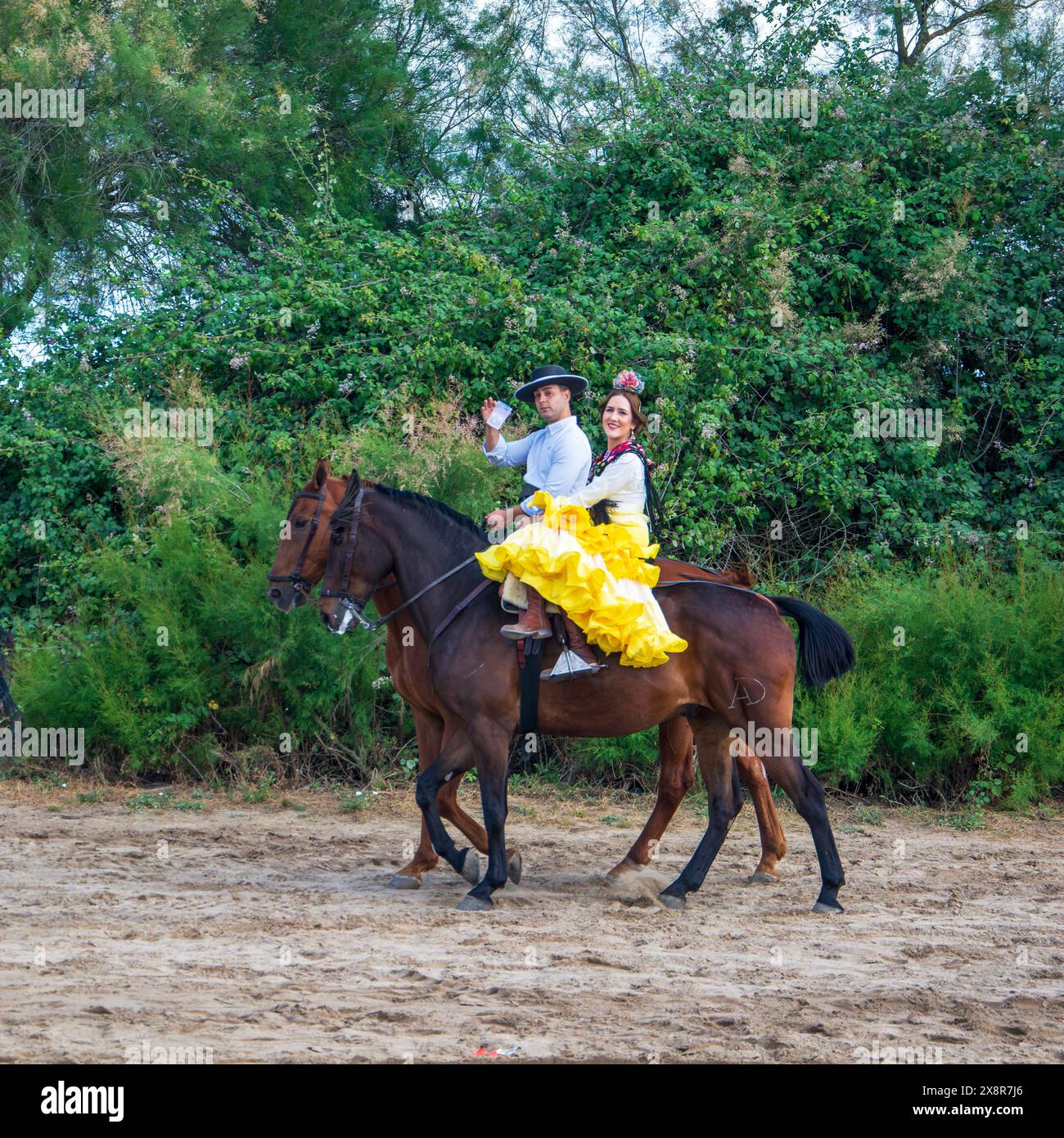 05/16/2024. Almonte, Huelva, Spain. Group of pilgrims on horseback ...