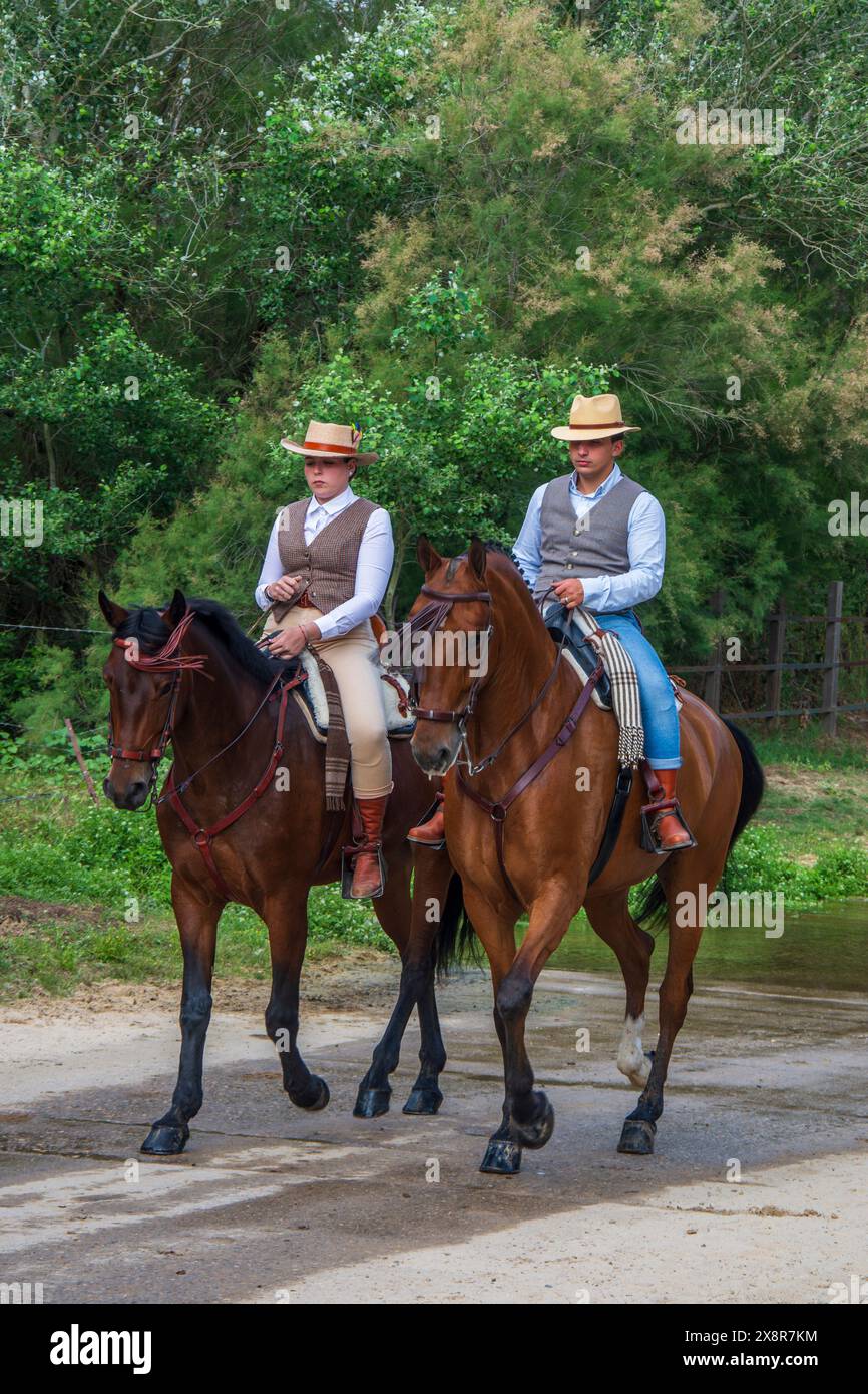 05/16/2024. Almonte, Huelva, Spain. Group of pilgrims on horseback ...