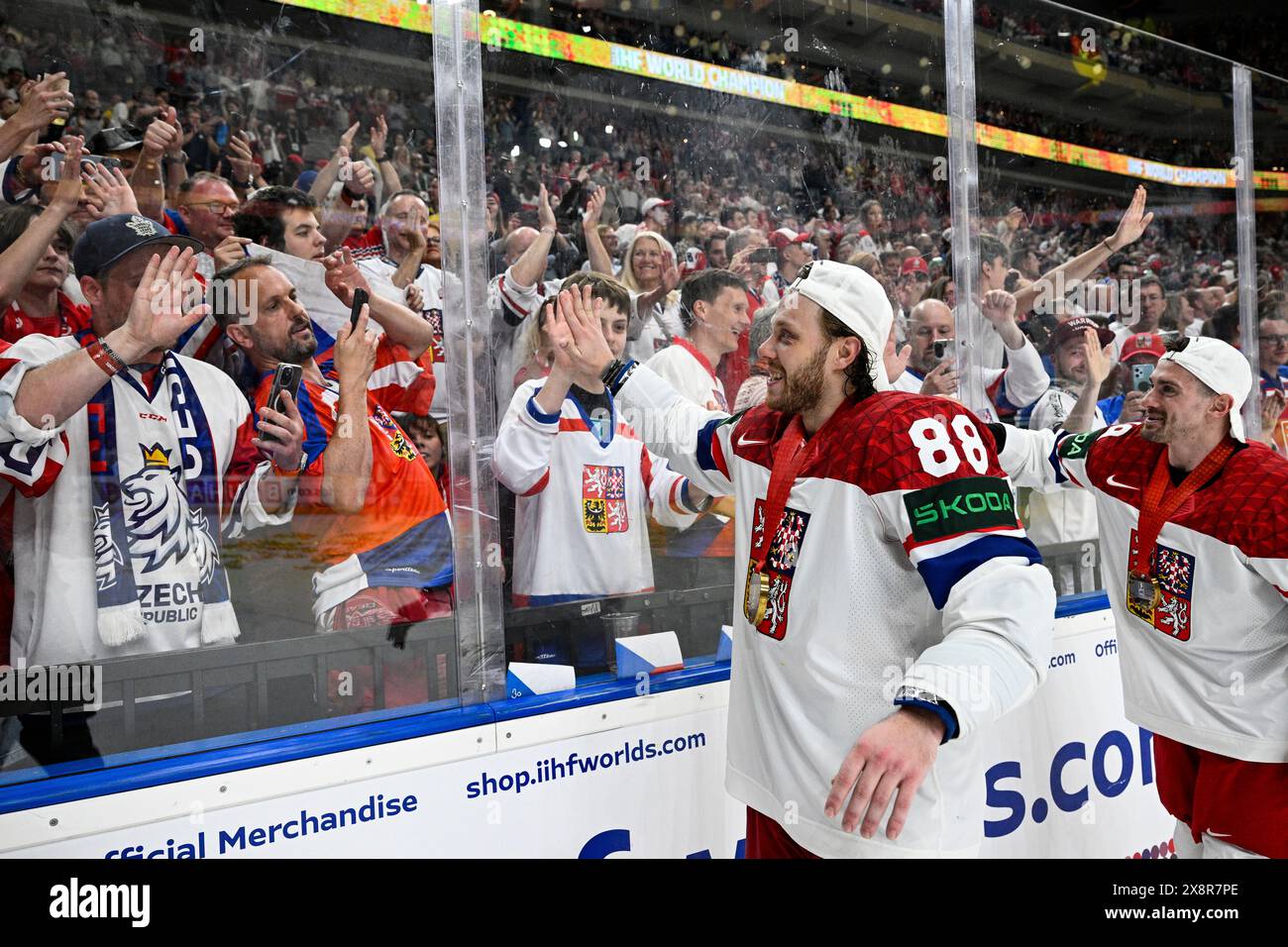 Prague, Czech Republic. 26th May, 2024. Czech players (L-R) David Pastrnak and Roman Cervenka ...