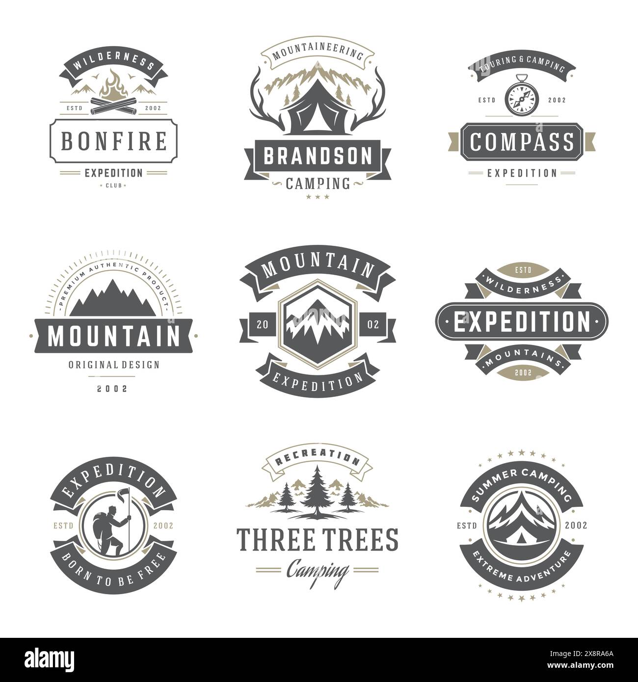 Camping logos templates vector design elements and silhouettes set ...