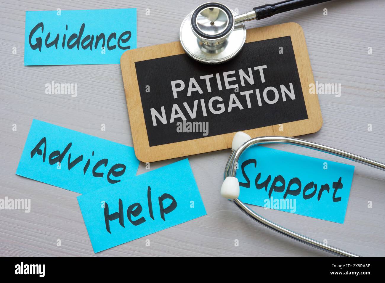 Patient navigation plate, stickers with words and stethoscope Stock ...