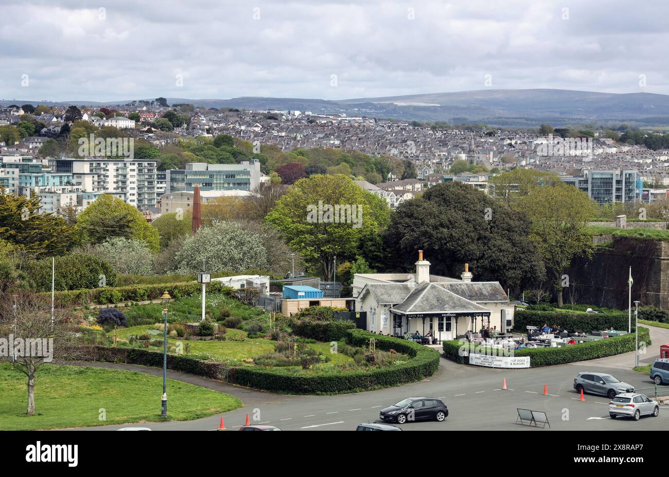 The Promenade Cafe and clock garden on Plymouth’s historic Hoe. Seen ...
