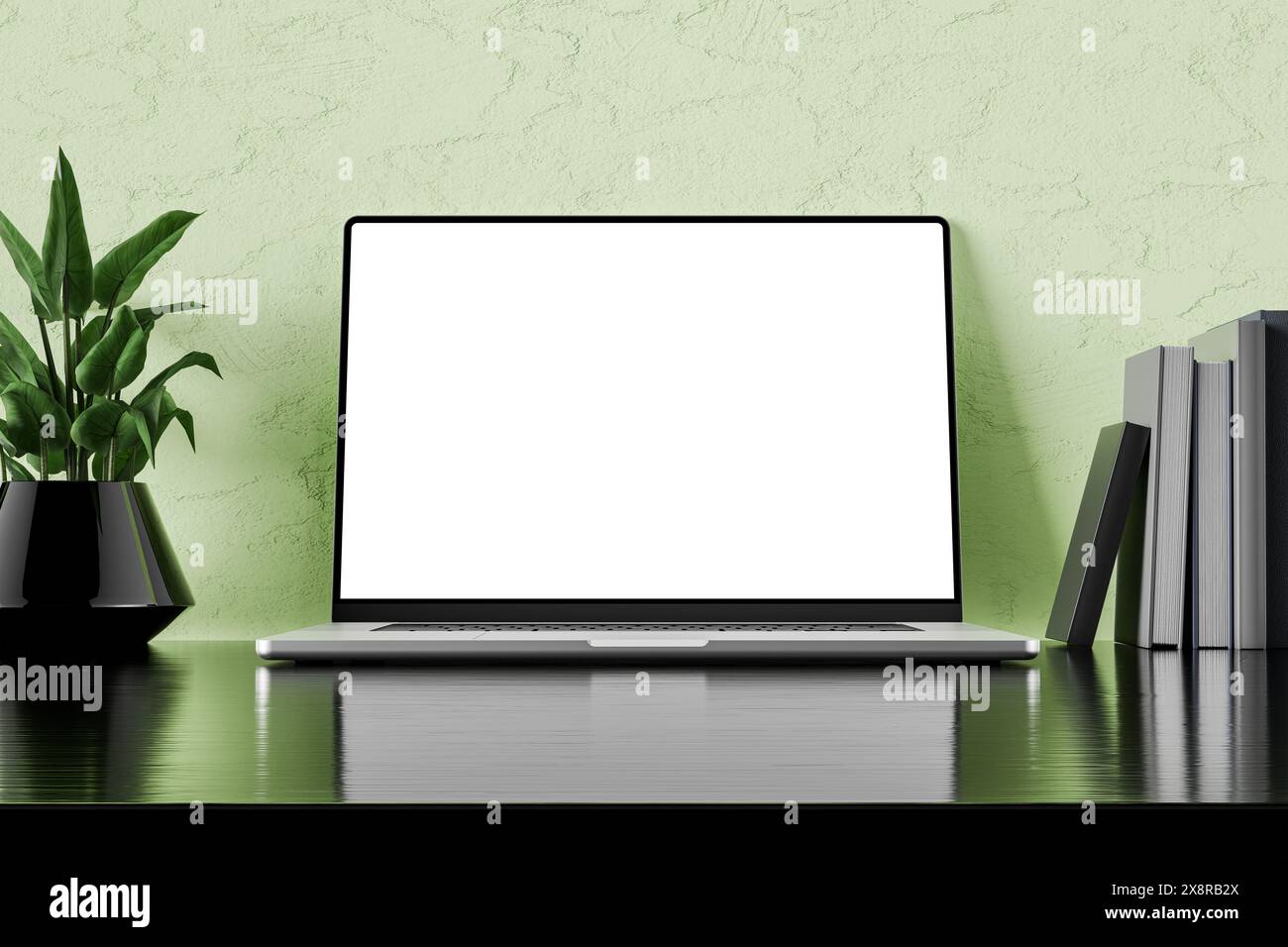 Modern workspace with a blank laptop screen for customization, green ...