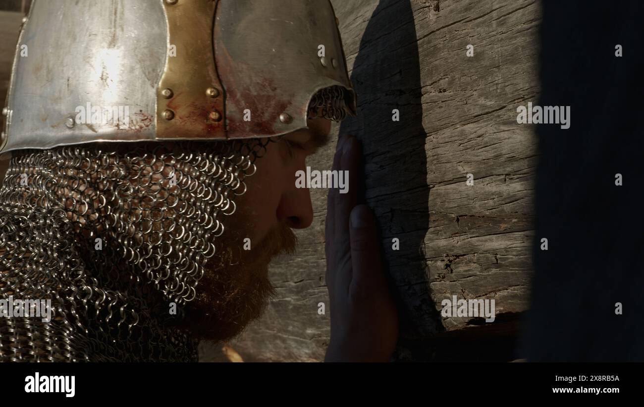 Medieval old knight helmet and chain mail for protection in battle ...