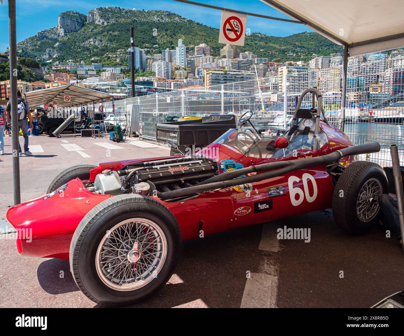A red 1959 Maserati TEC-MEC F415 classic racing car at the Monaco Grand ...