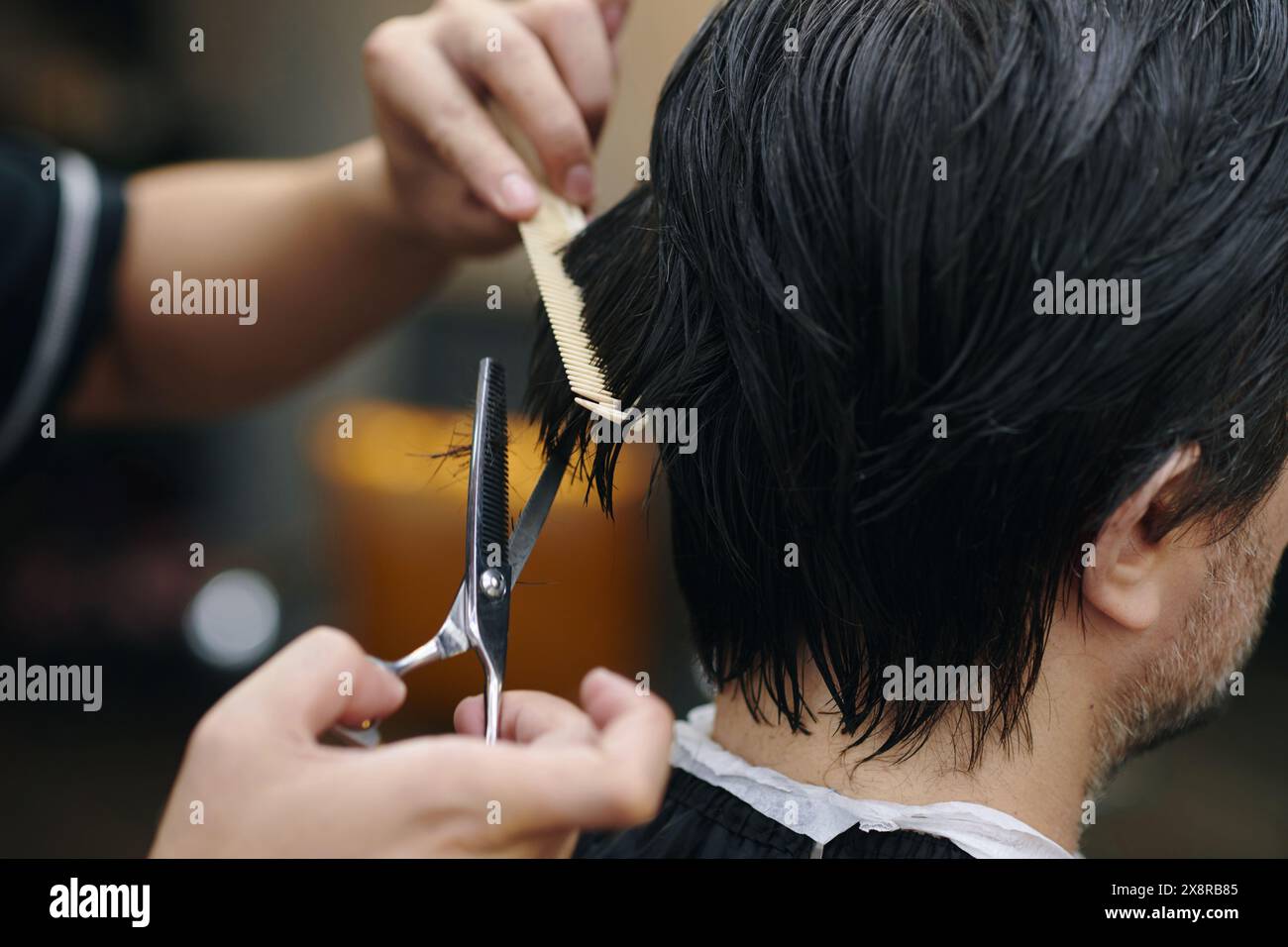 Barber combing through section of hair and trimming ends Stock Photo ...