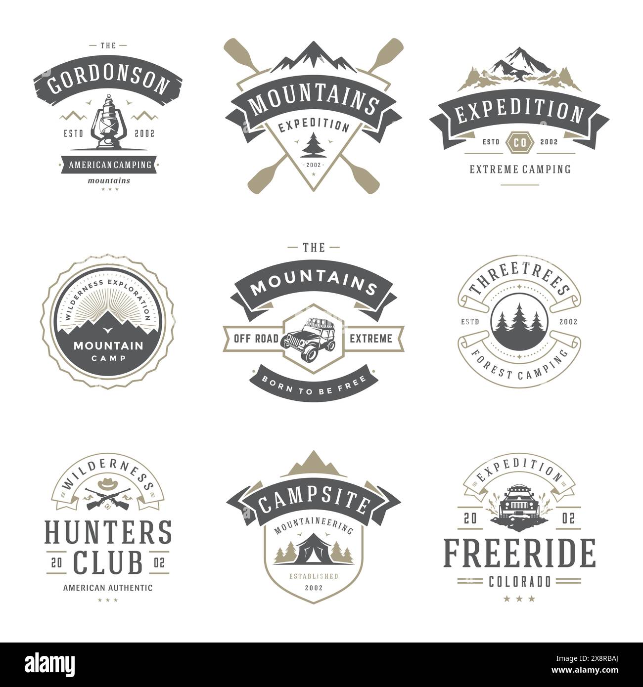 Camping logos templates vector design elements and silhouettes set ...