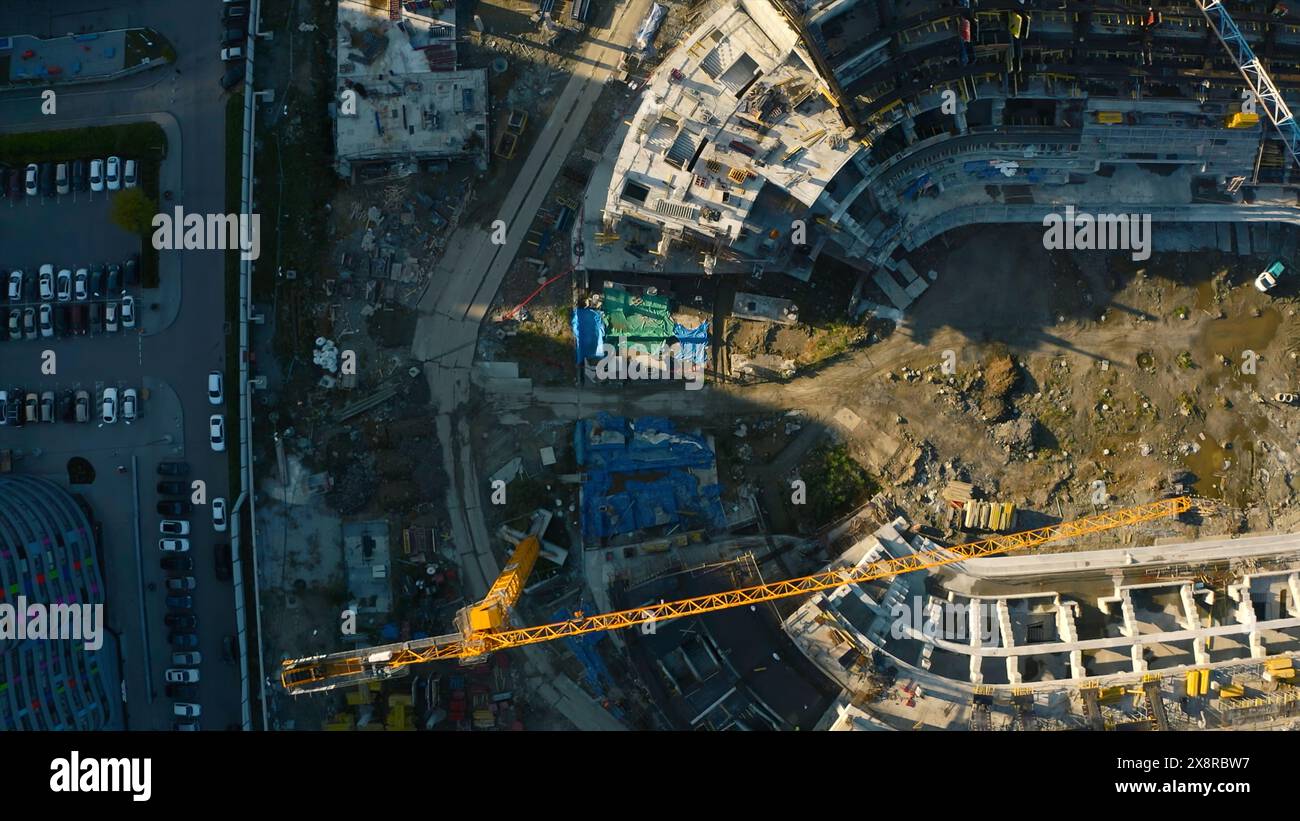 Top view of stadium construction. Stock footage. Construction site with ...