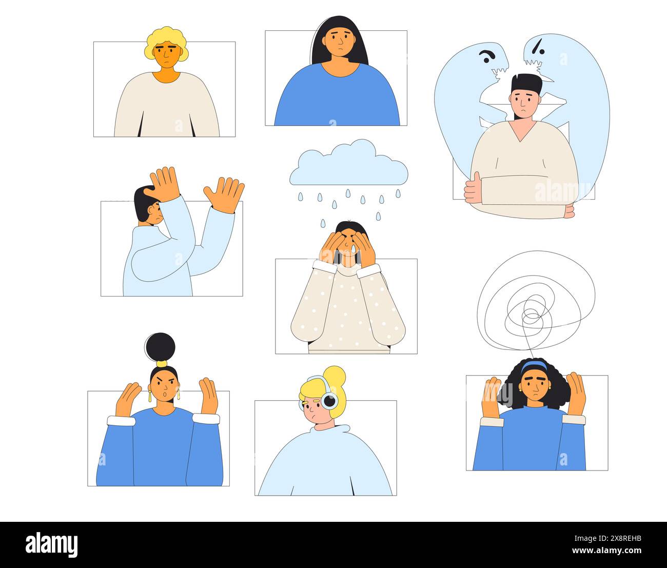 Stressed people. Young characters with bad mood. Mental disorder people ...