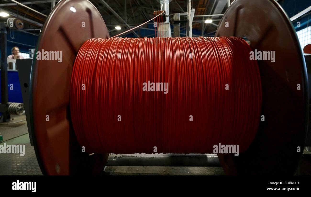 Cable production workshop and large coil. Creative. Modern cable ...