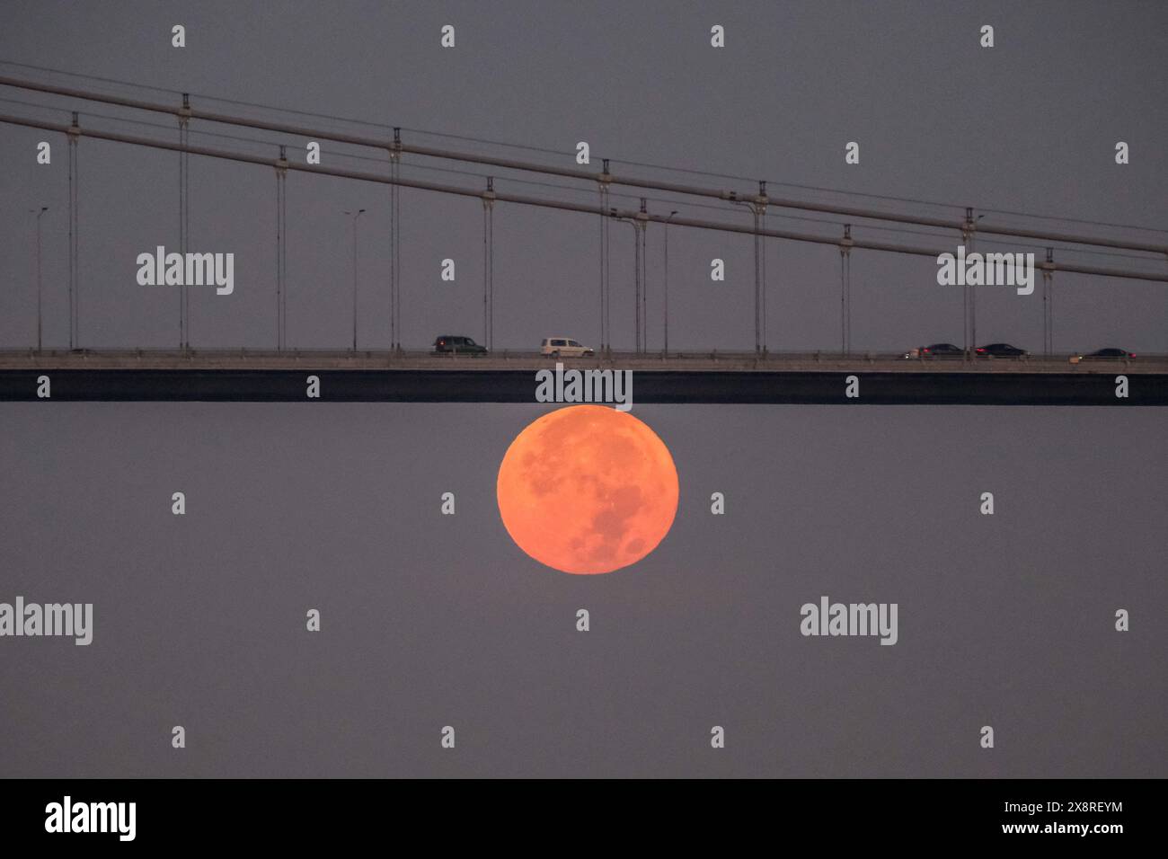 Full moon over Bosphorus bridge at night. The bright and full moon ...
