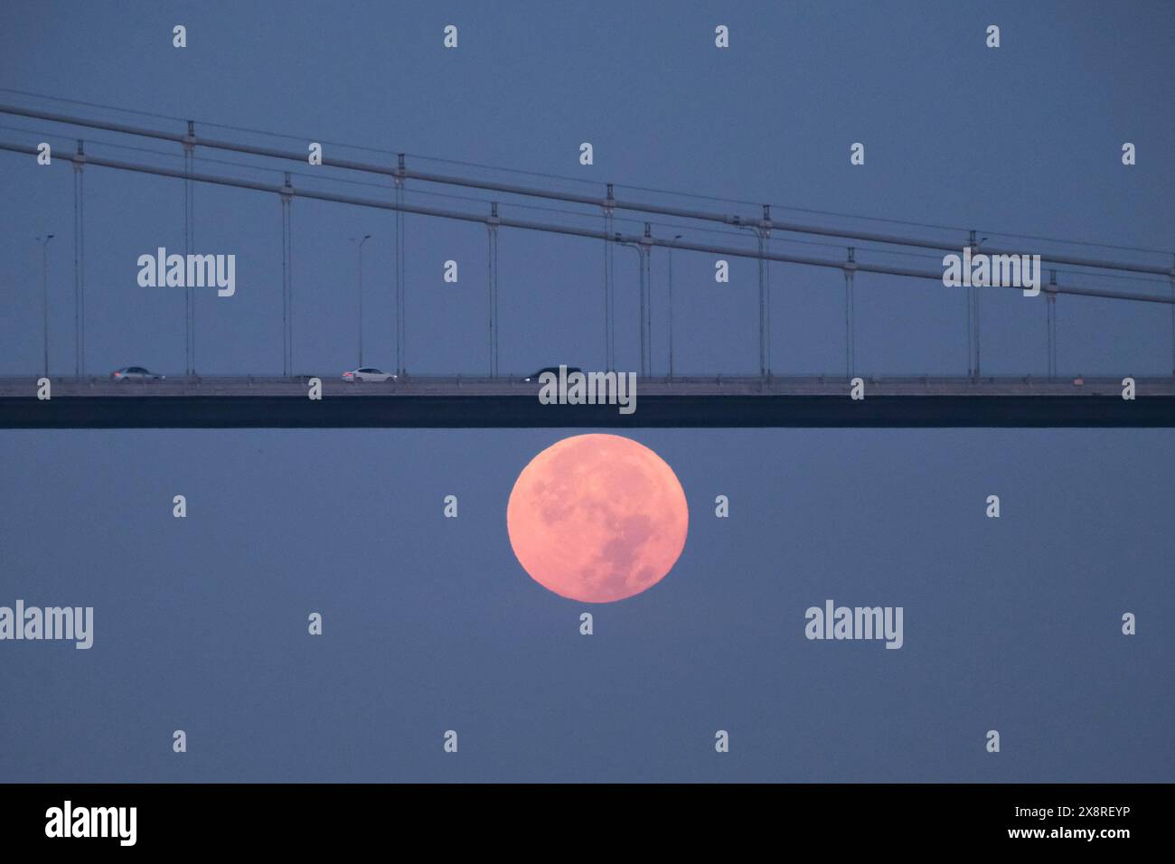 Full moon over Bosphorus bridge at night. The bright and full moon ...