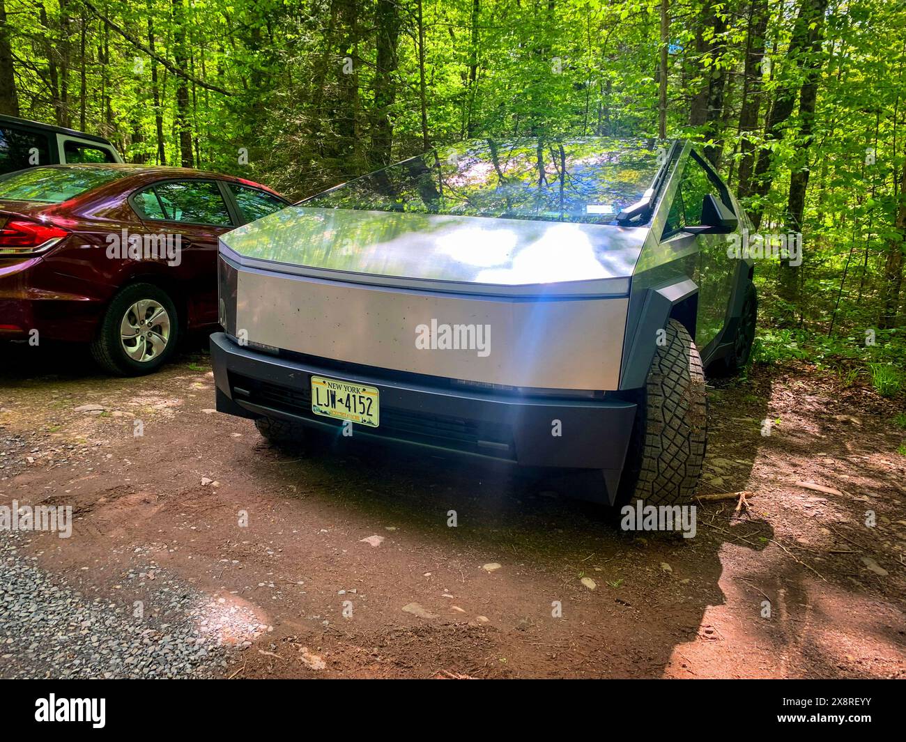 Hunter, NY, USA, May 19 2024: A Tesla Cybertruck is parked in a lot ...