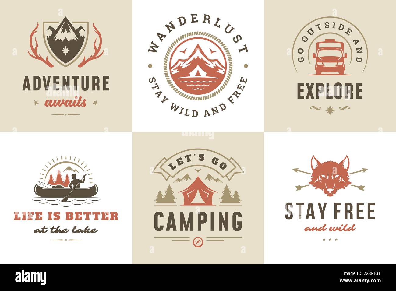 Camping and outdoor adventure quotes and sayings typography set vector ...