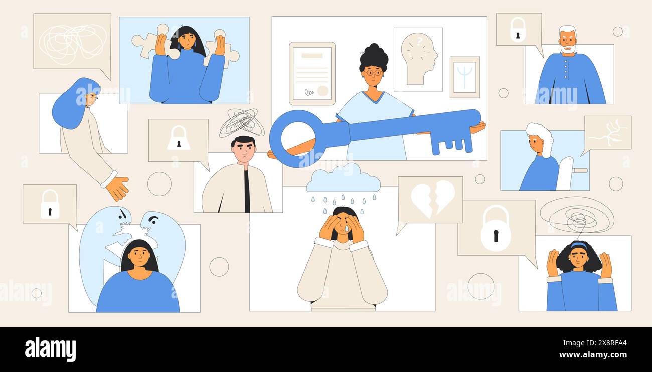 Mental illness treatment concept. Psychology consultation key. Group ...