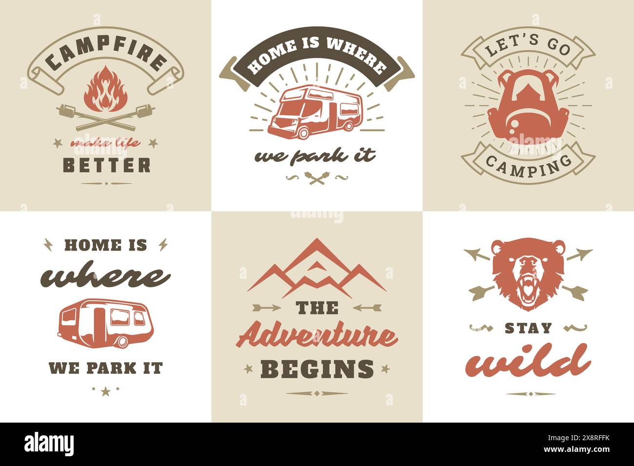 Camping and outdoor adventure quotes and sayings typography set vector ...