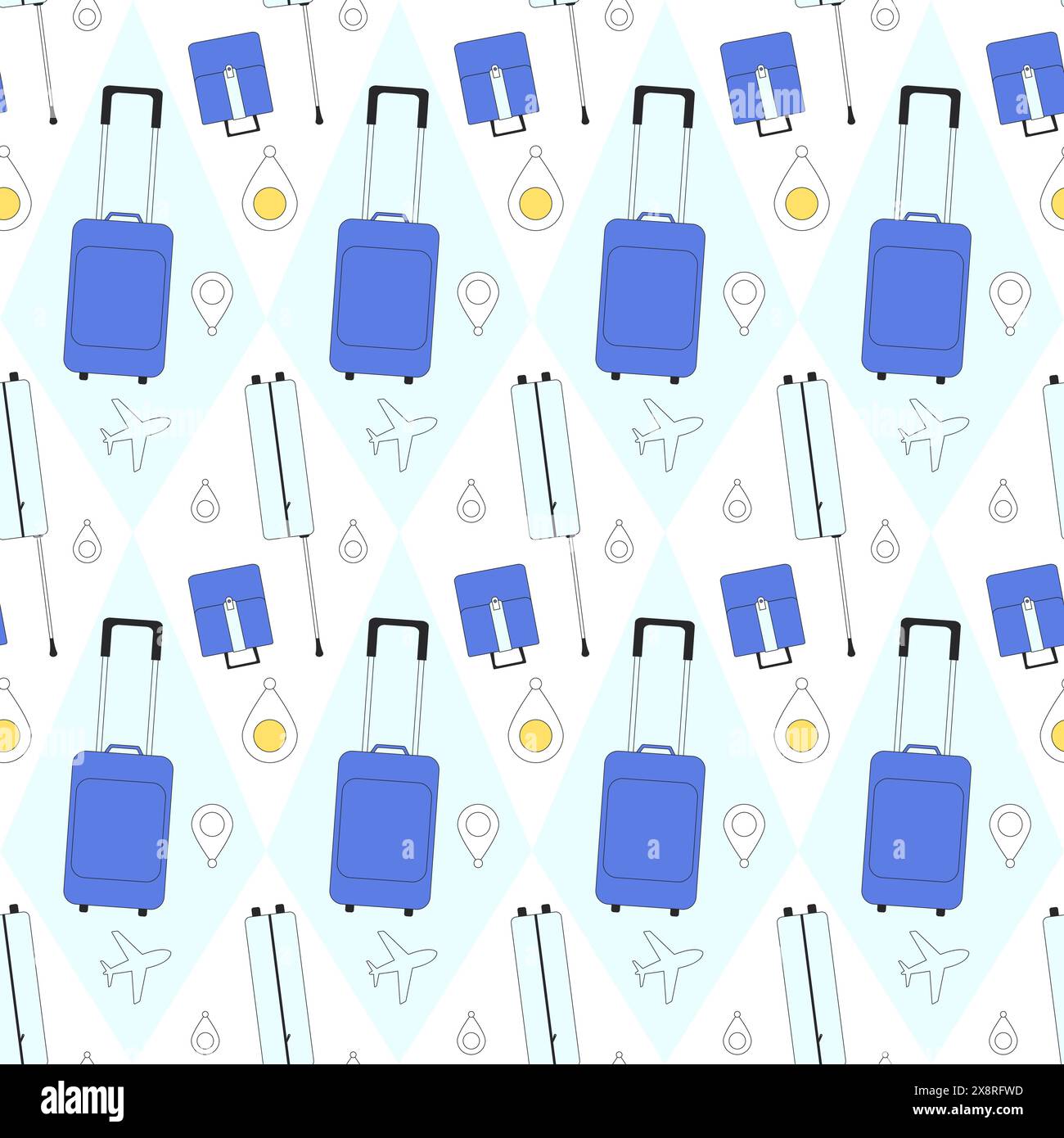 Travel-themed seamless pattern featuring suitcases, location symbols ...
