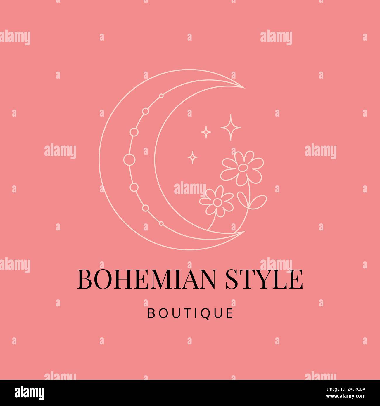 Linear bohemian moon logo with flowers, abstract design for decoration ...