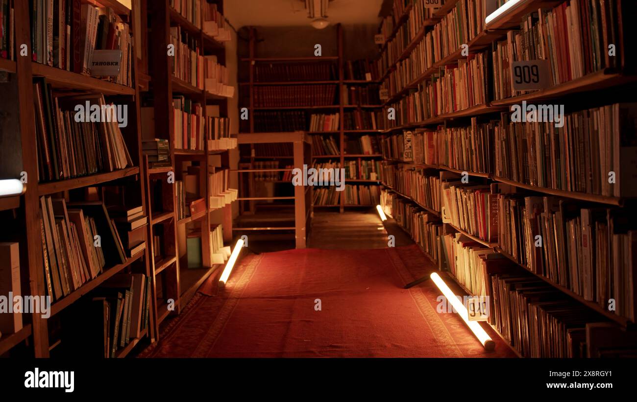 Night library with flashing lights. Stock footage. Corridor with ...