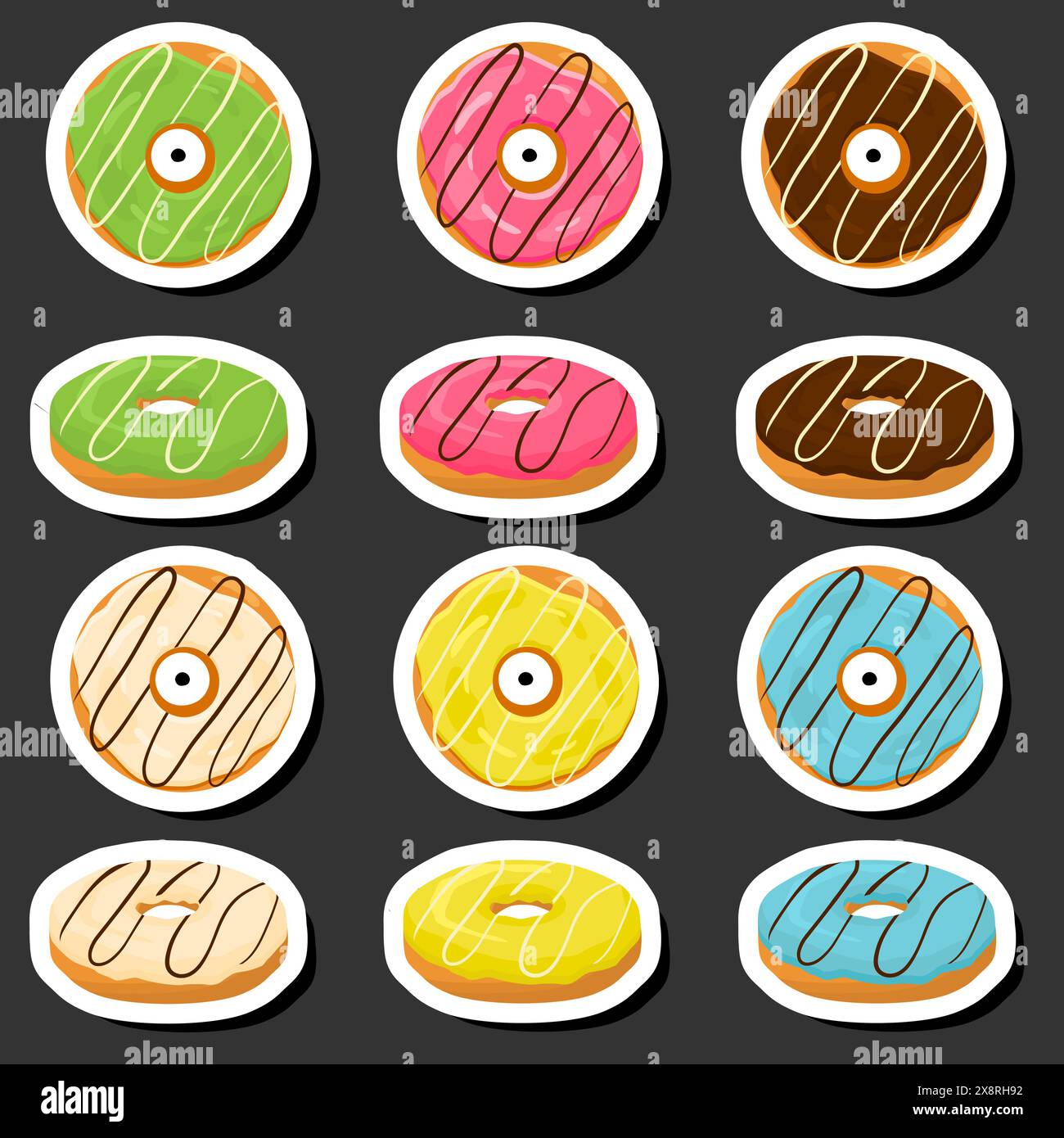 Illustration on theme big set different types sticky donuts, sweet ...