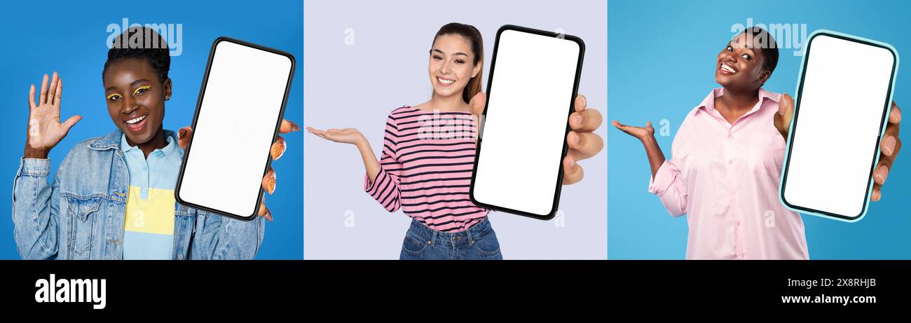 Group of Ladies Holding Blank Screen on Blue Background Stock Photo - Alamy