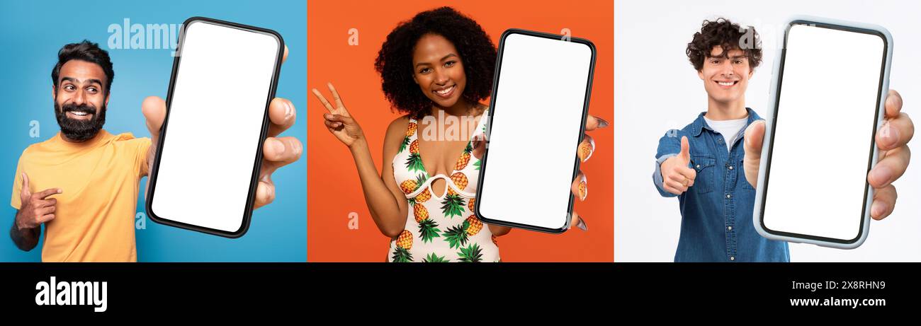 Group of Multiracial People Holding up Blank Screen on Phone Stock ...