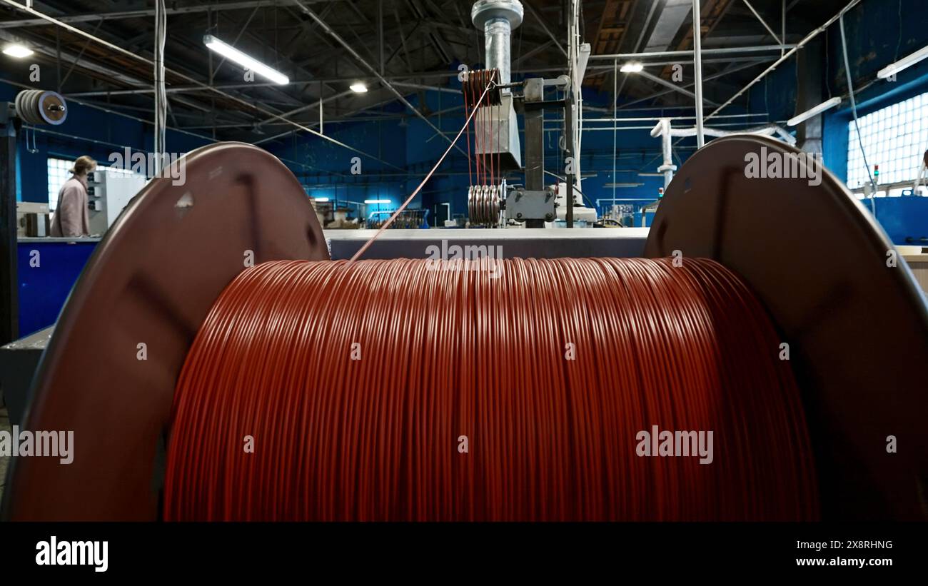 Cable production workshop and large coil. Creative. Modern cable ...