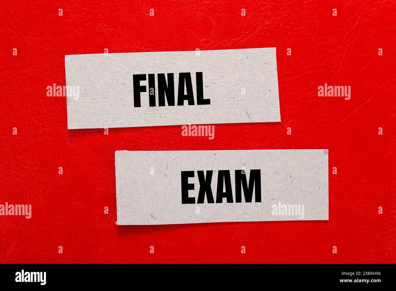 Final exam words written on paper pieces with red background ...