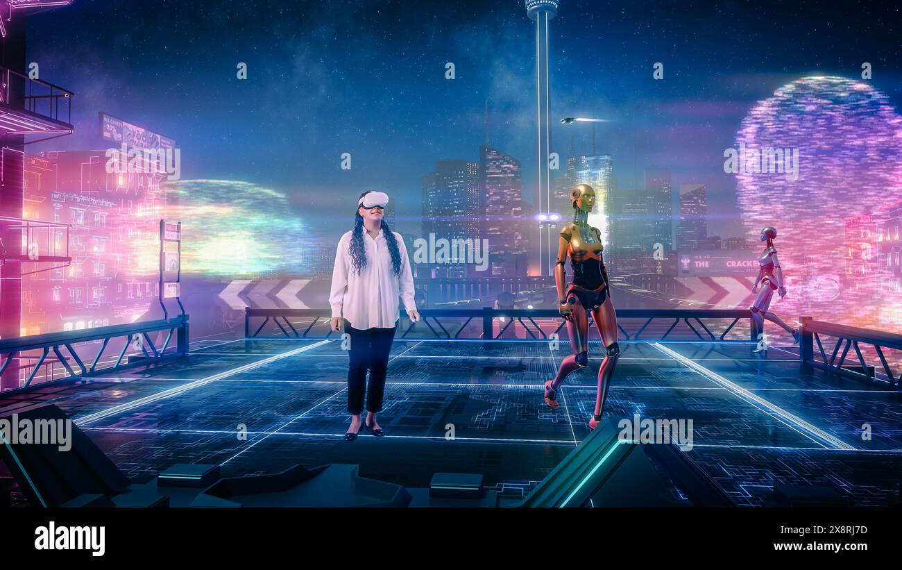 Black Woman Wearing Virtual Reality Headset Enters Metaverse. VR ...