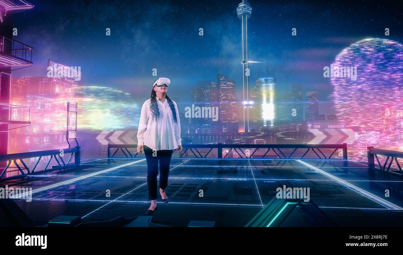 Black Woman Wearing Virtual Reality Headset Enters Metaverse. VR ...