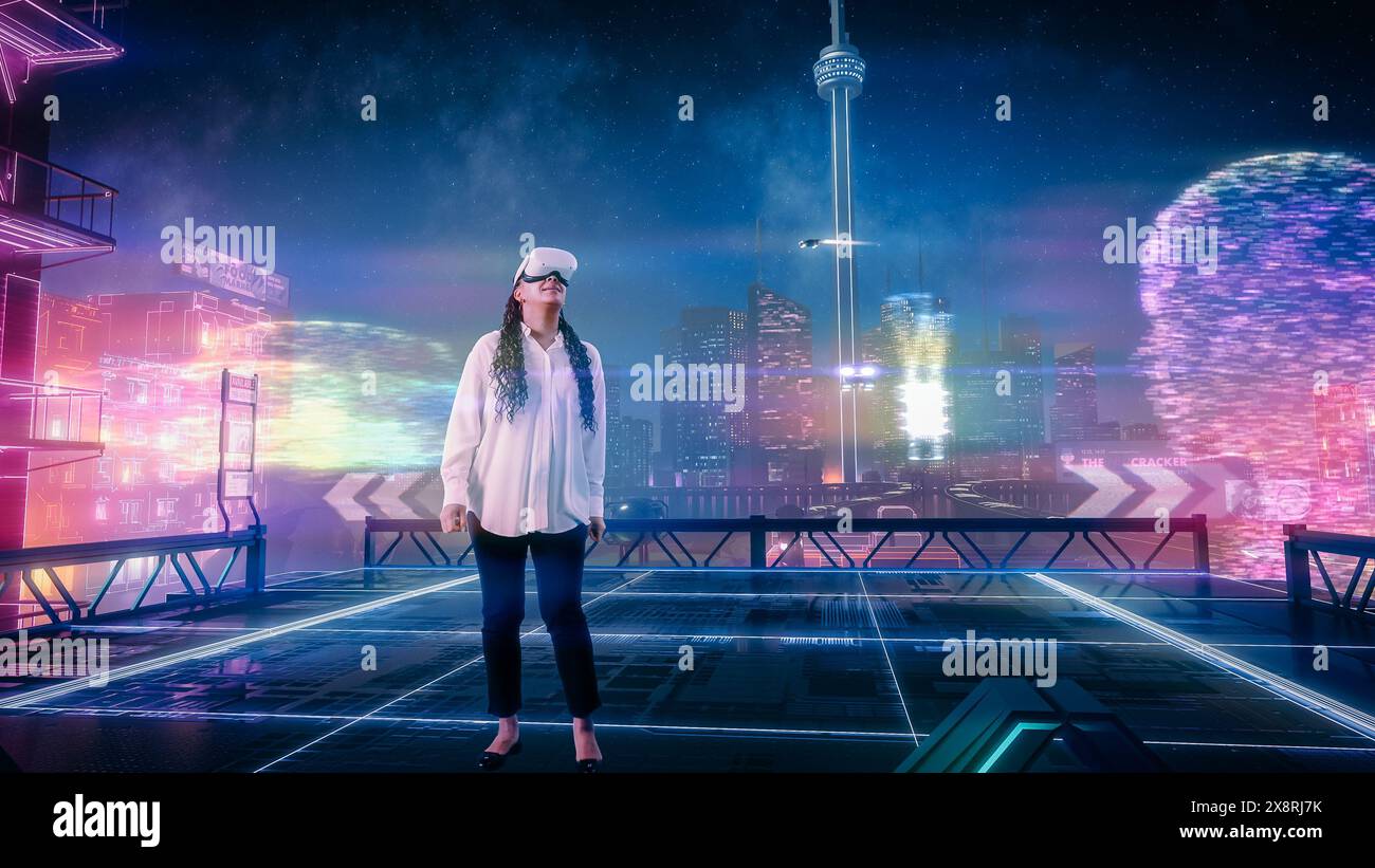 Black Woman Wearing Virtual Reality Headset Enters Metaverse. VR ...