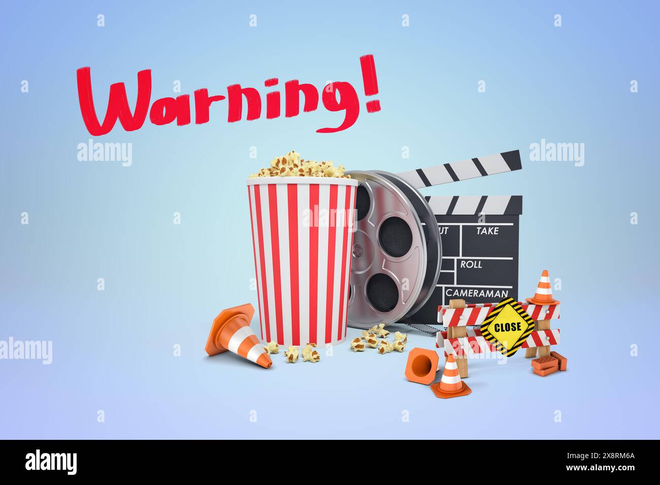 3D Warning Sign with Movie Elements Stock Photo - Alamy
