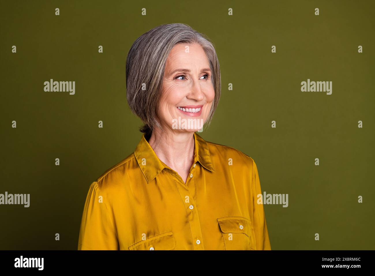 Photo of cheerful attractive lady dressed blouse smiling looking empty ...