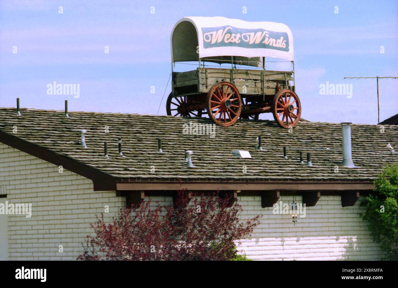 Colorado, U.S.A., approx. 1987. Antique American Wagon used as decor on ...