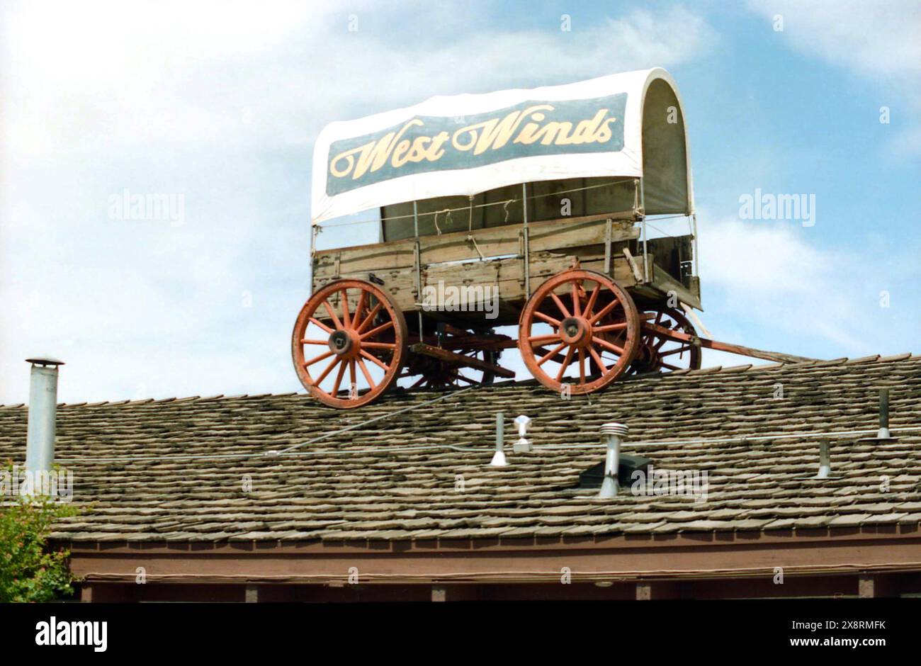 Colorado, U.S.A., approx. 1987. Antique American Wagon used as decor on ...