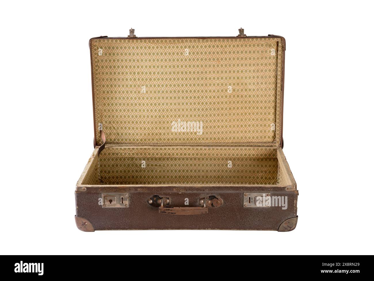 Old open brown worn out empty suitcase isolated on white background ...